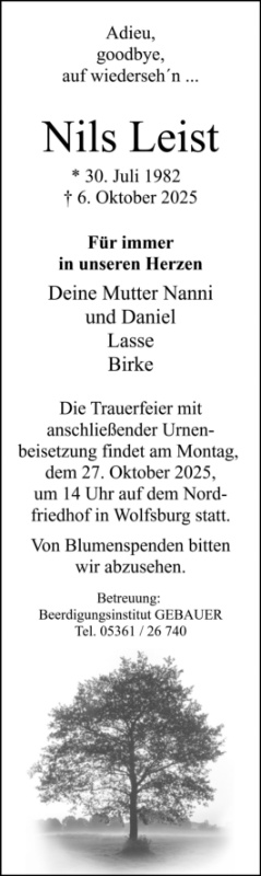 Gedenkseite für Nils Leist | GEBAUER Beerdigungsinstitut